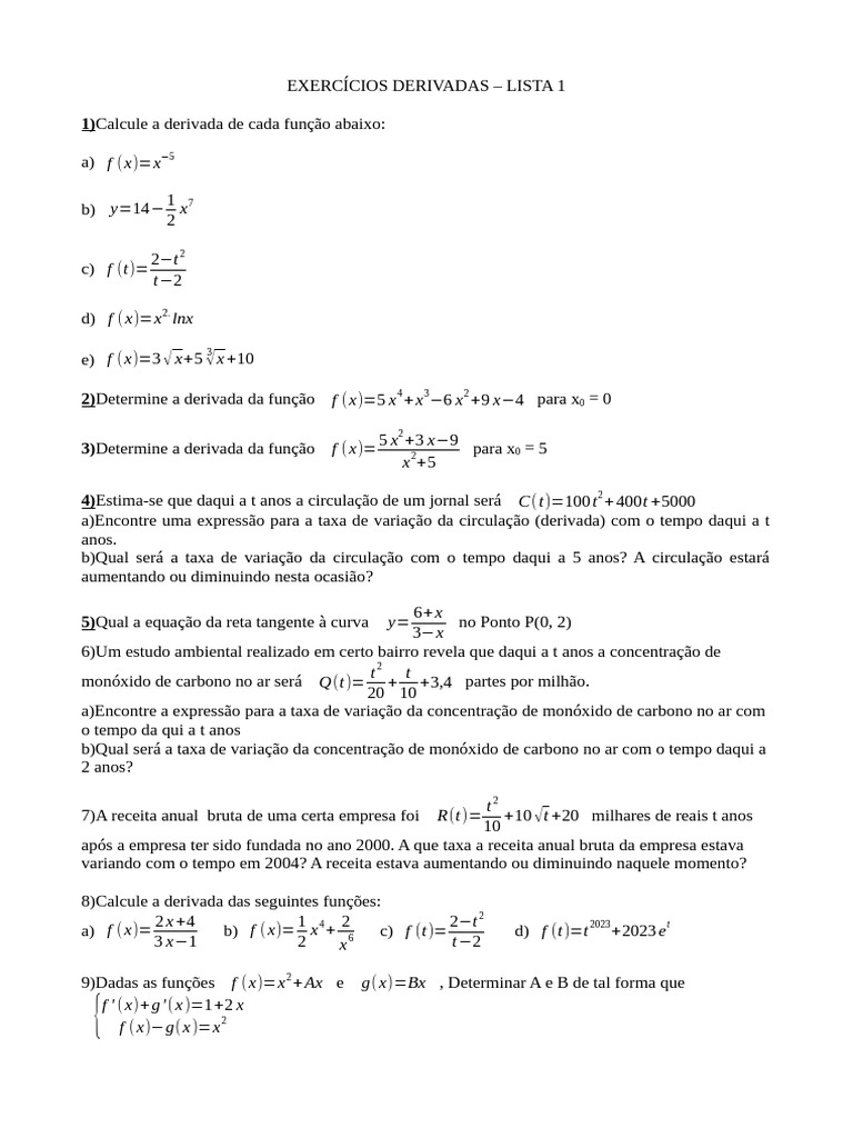 Exercícios de Derivadas: Lista 1 | PDF | Derivado | Matemática
