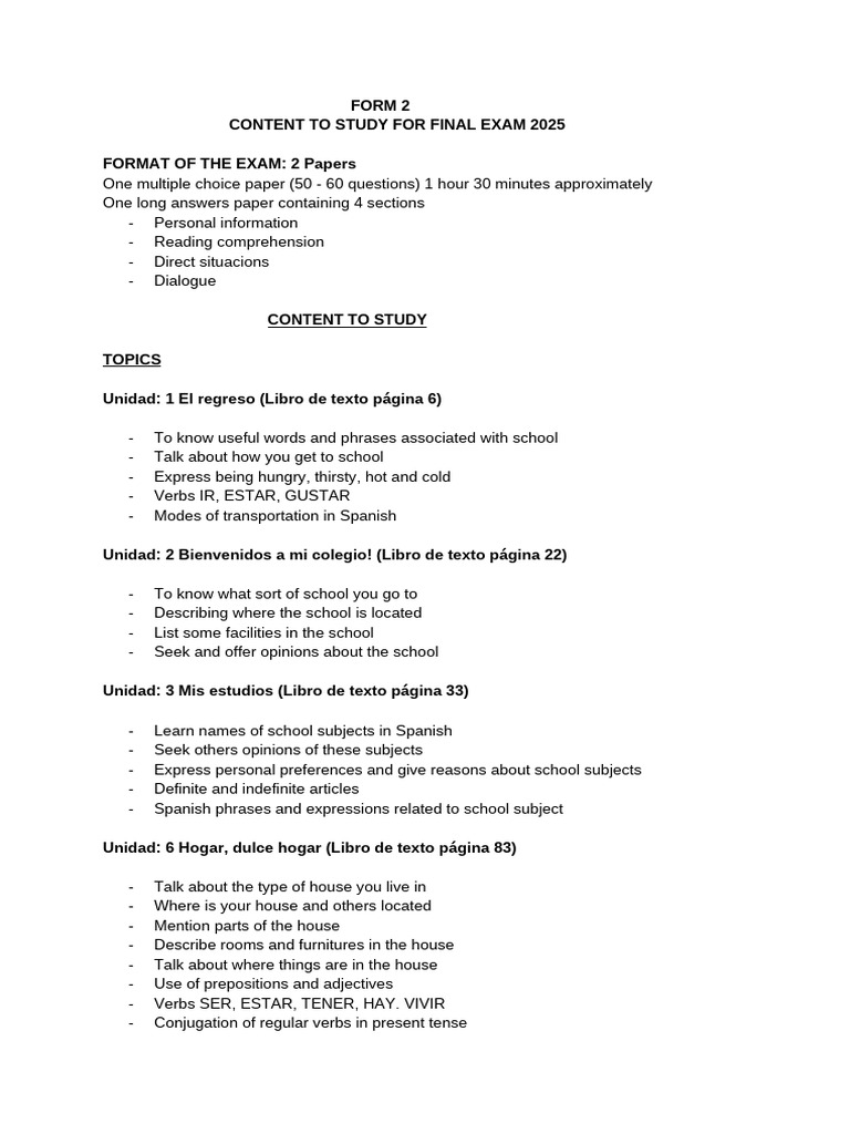 Final Exam Study Guide 2025: Spanish Topics | PDF