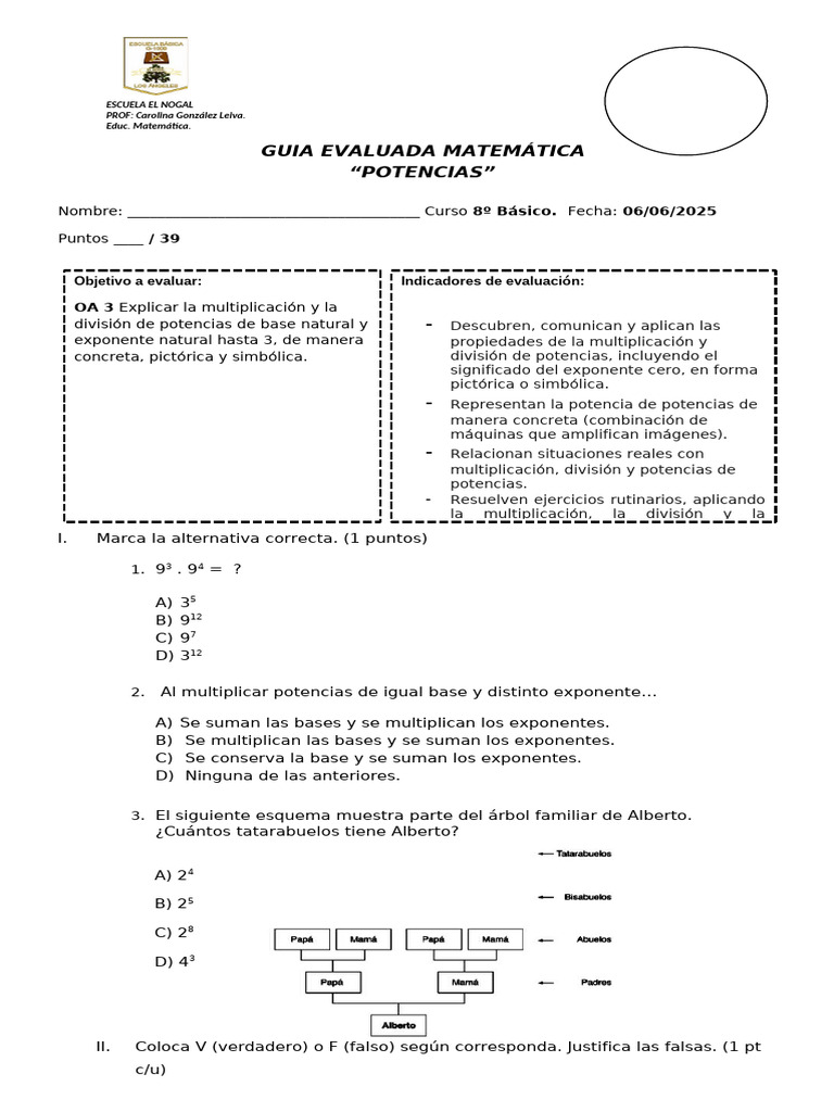 Guia Evaluada Potencias 8° | PDF | Multiplicación | Exponenciación