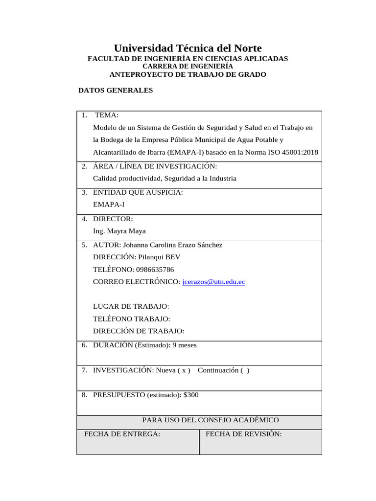 Anteproyecto Final | PDF | Seguridad y salud ocupacional | Business