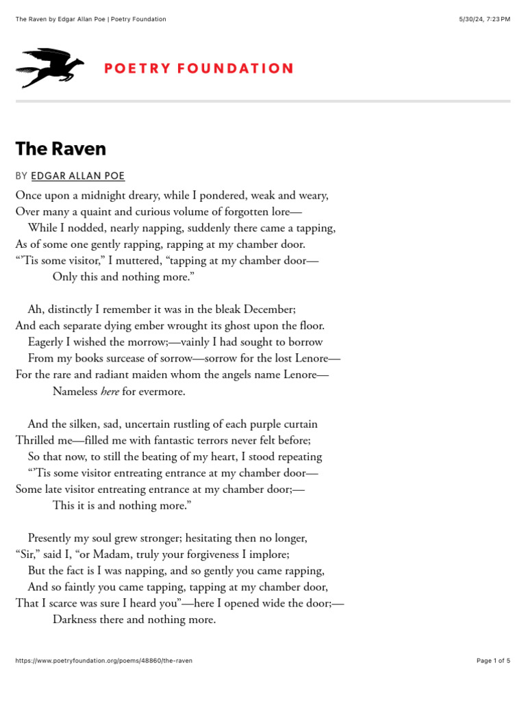 The Raven by Edgar Allan Poe - Poetry Foundation | PDF | The Raven | Poems
