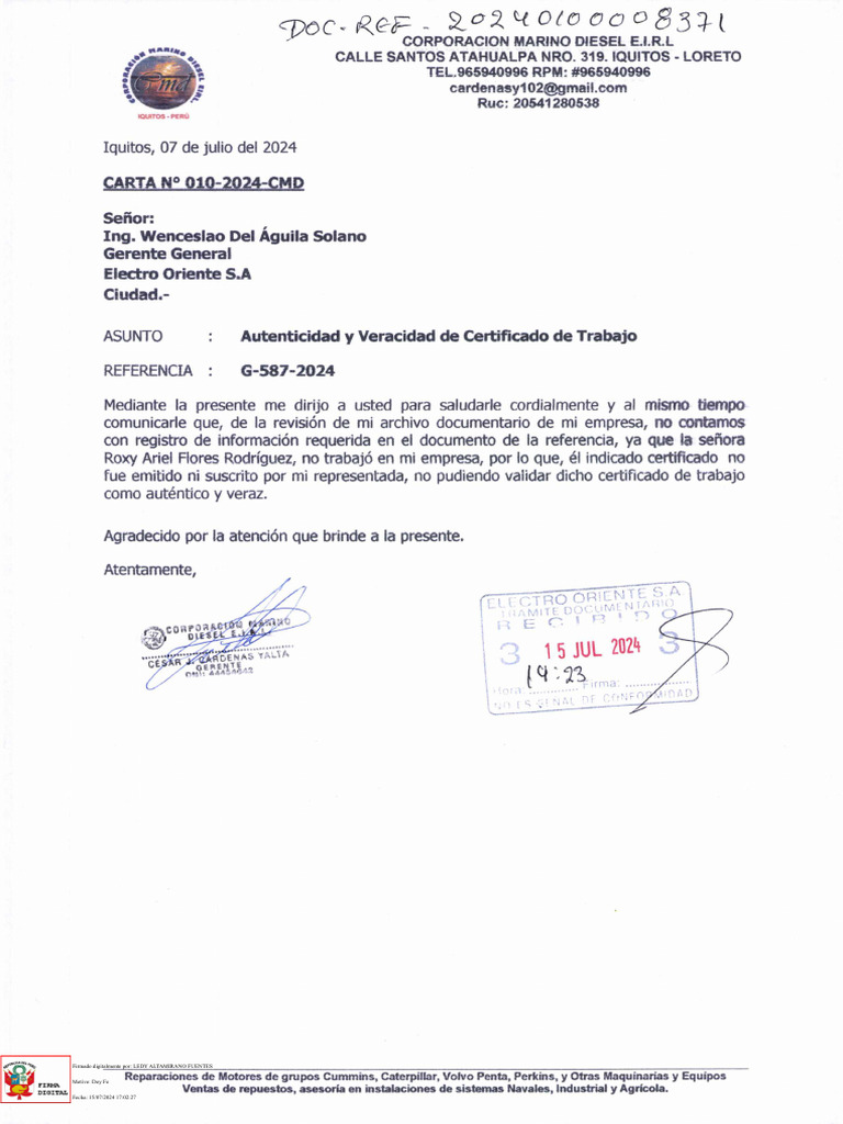 4 - Carta N 010-2024-Cmd-2024 - Autenticidad y Veracidad de Certificado ...