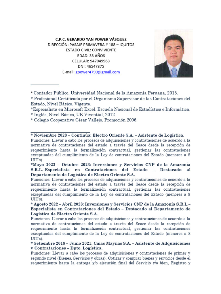 Cv. Documentado - Power Vasquez Gerardo Yan | PDF | Contabilidad | Perú