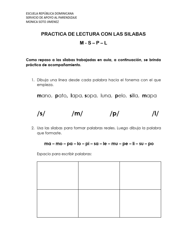 PRACTICA DE LECTURA CON LAS SILABAS M S P L | PDF