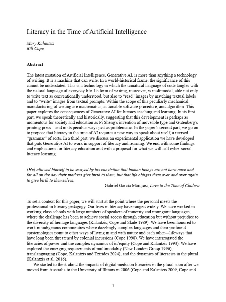 Literacy in the Time of Artificial Intelligence | PDF | Artificial ...