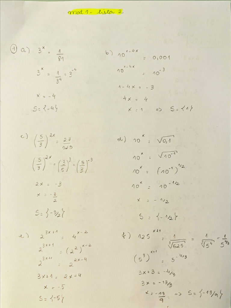 Gabarito Lista 2 Mat 1 | PDF