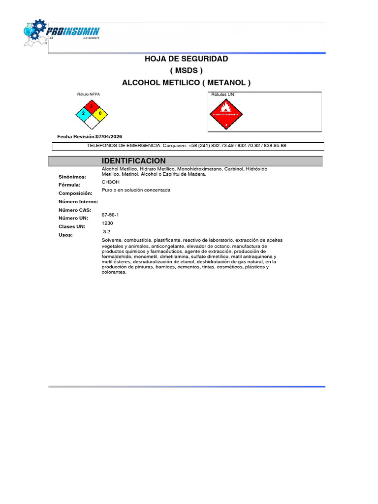 Hoja de Seguridad del Metanol | PDF | Metanol | Agua