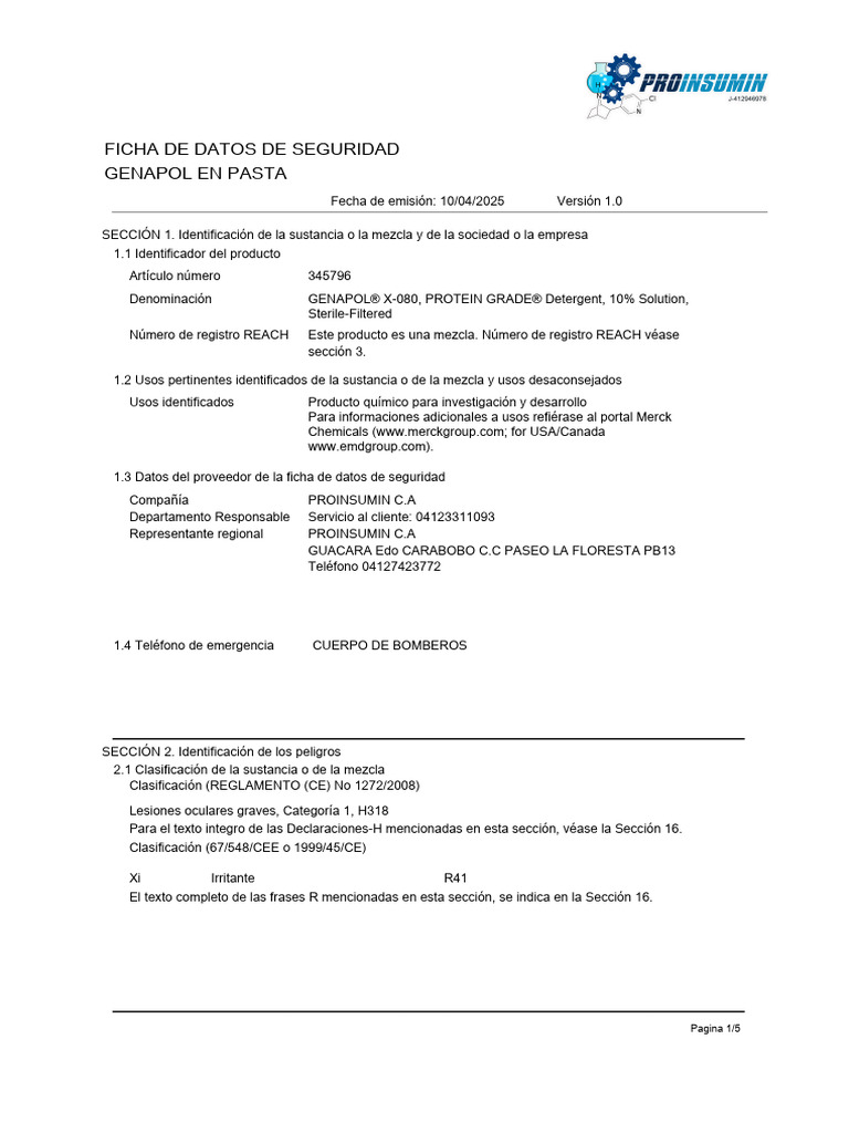 Hoja de Seguridad Del Genapol en Pasta | PDF | Química
