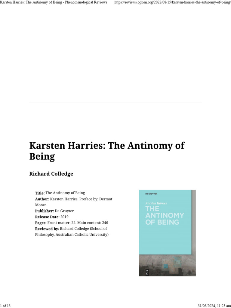 Harries Ovo - The - Antinomy - of - Being | PDF | Noumenon | Immanuel Kant