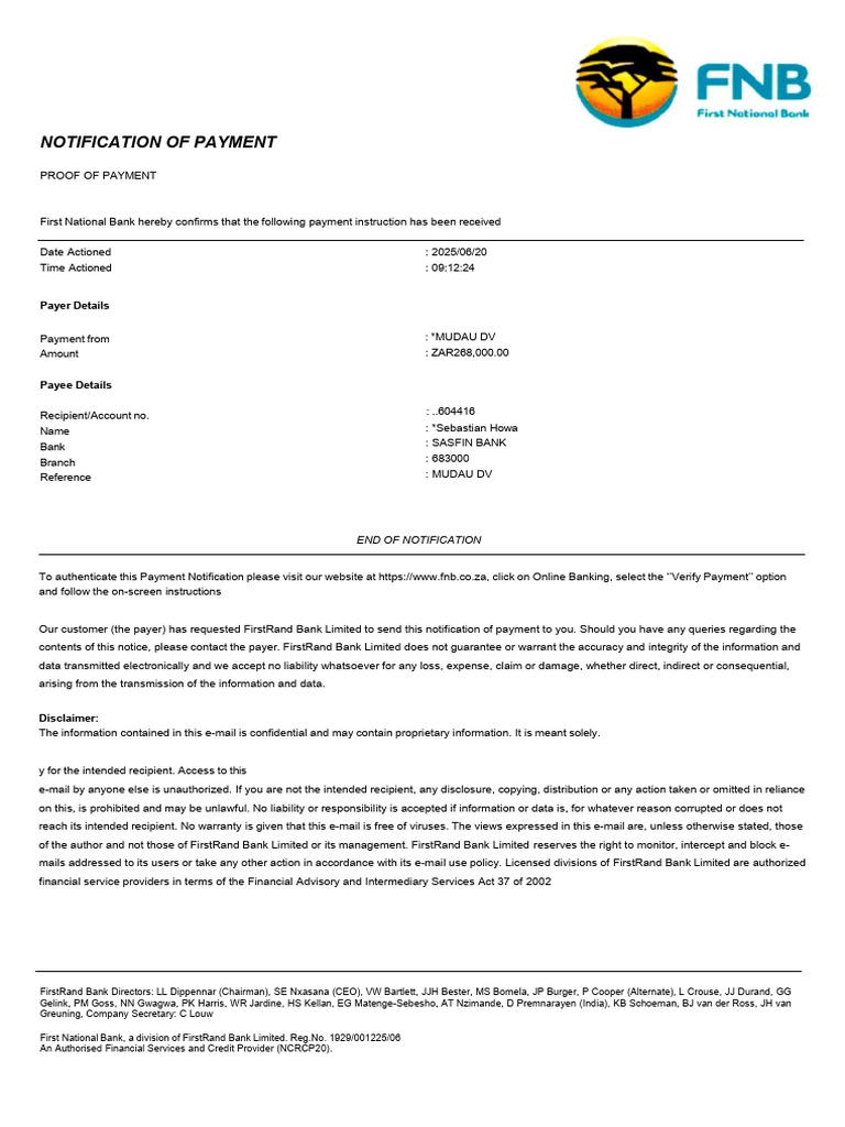 FNB Payment Notification Confirmation | PDF | Payments