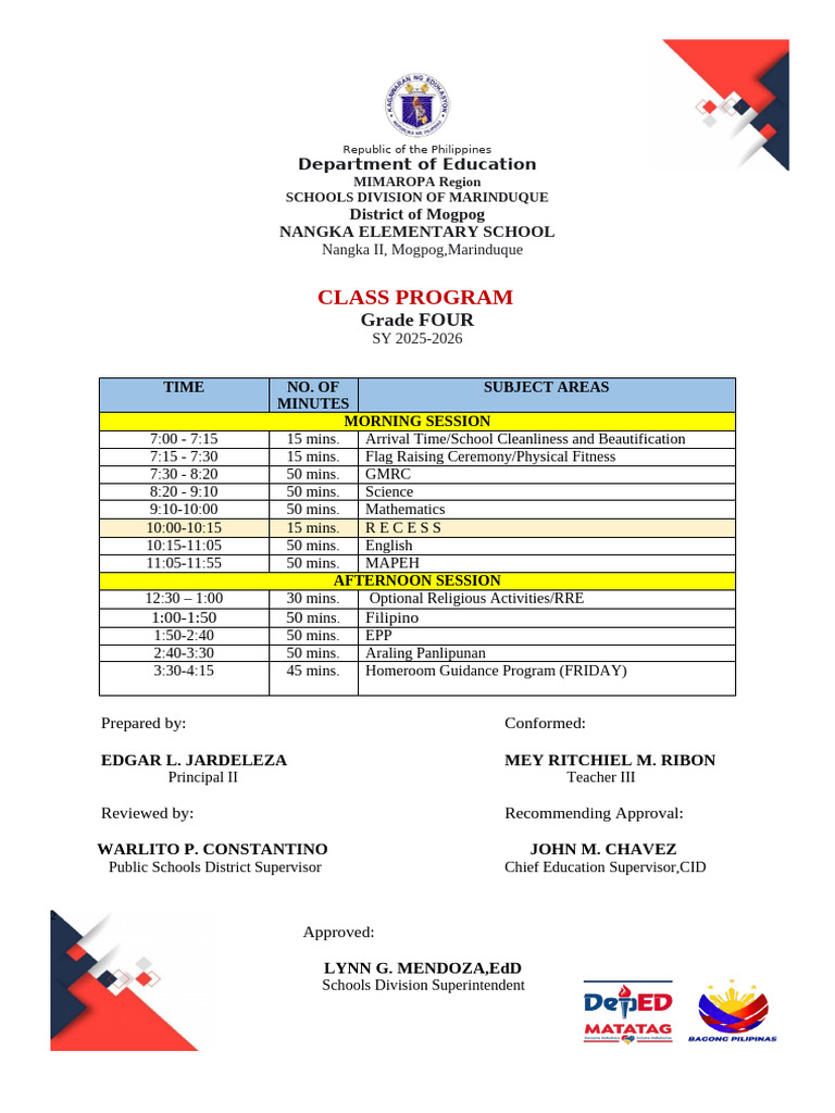 Grade 4 Class and Teachers Program | PDF | Philippines