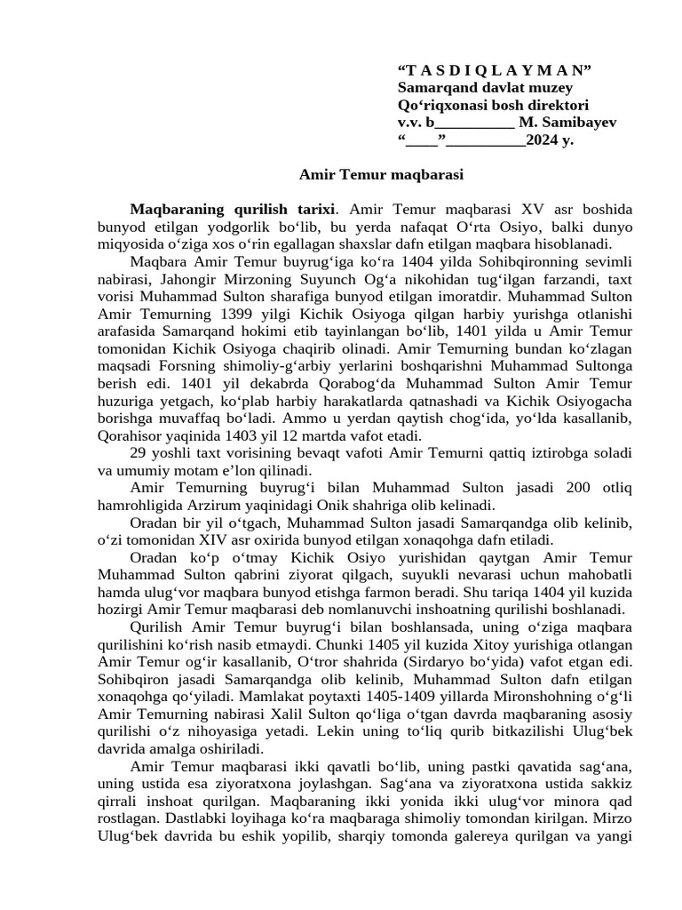 Amir Temur Maqbarasi Ekskursiya Matni Yuzatilgan Varianti | PDF