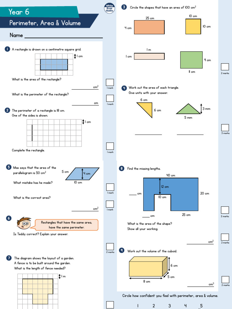 WRM Y6 Spring b5 Perimeter Area Volume Assessment | PDF | Area | Euclid