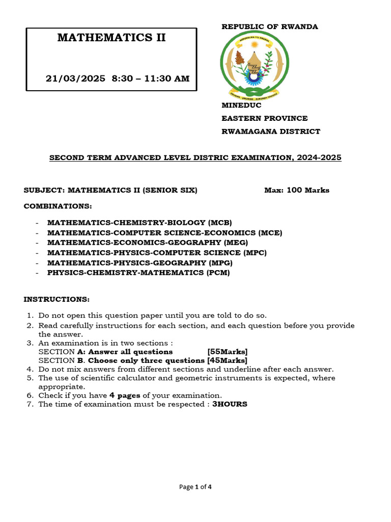 S6 Mathematics National Exam 2025 | PDF | Mathematical Analysis ...