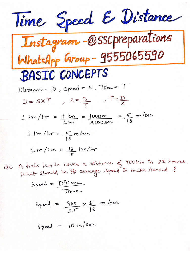 Time, Speed and Distance Basic Concepts Quant Handwritten No | PDF