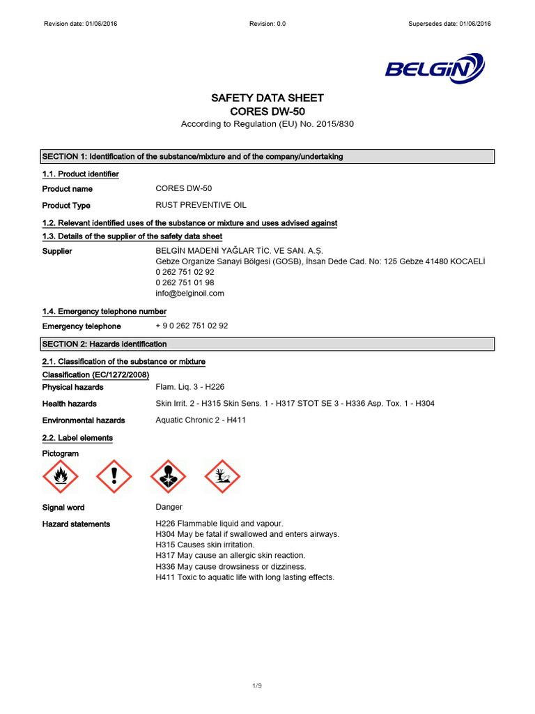 44 5796 Cores DW 50 Msds Türkçe | PDF | Toxicity | Dangerous Goods
