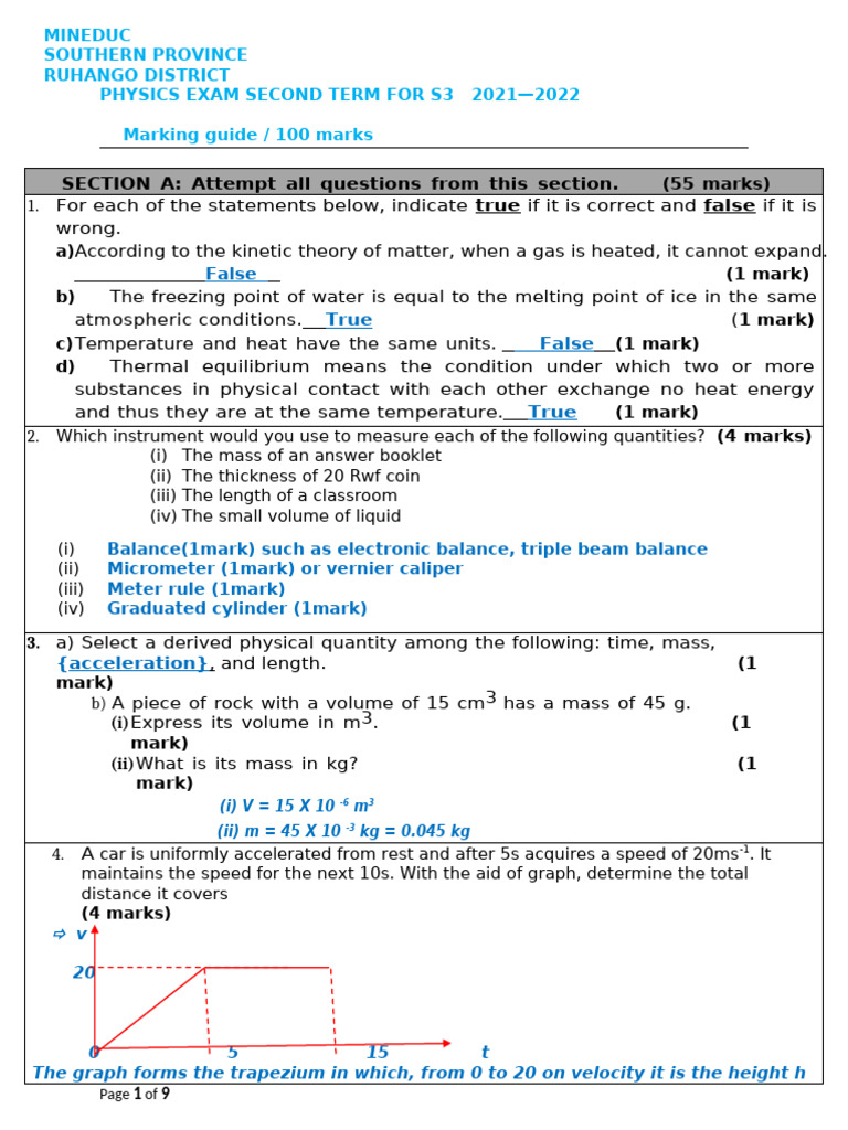 Physics 2nd Term Exam For S3 Marking | PDF | Force | Friction