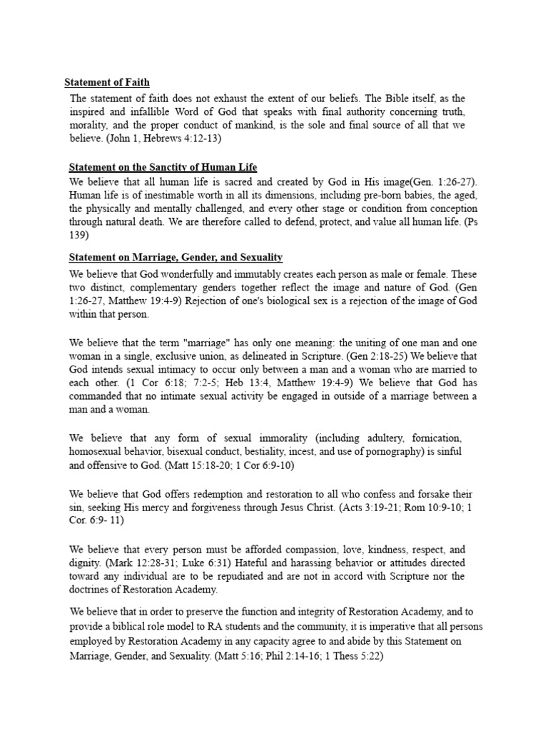 Statements of Faith Marriage, Gender, Sexuality For RA-3 | PDF | God ...