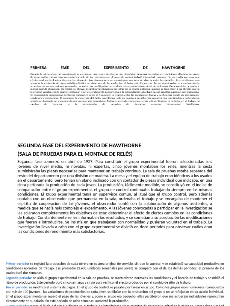 Primera Fase Del Experimento de Hawthorne | PDF | Experimentar