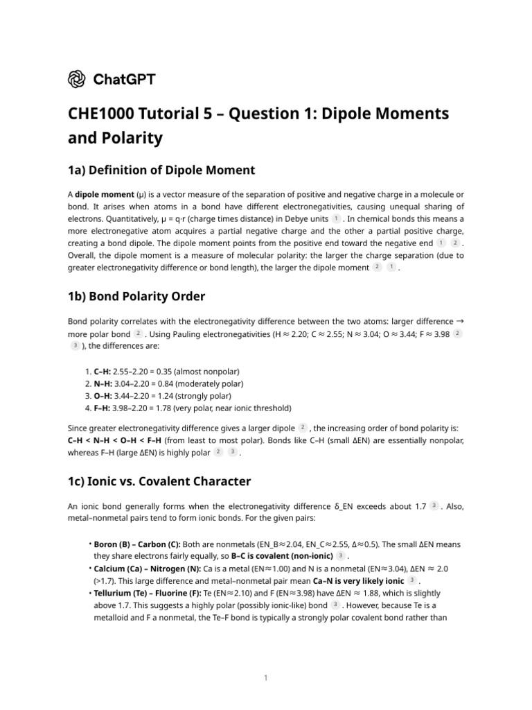 CHE1000 Tutorial 5 - Question 1 - Dipole Moments and Polarity | PDF ...