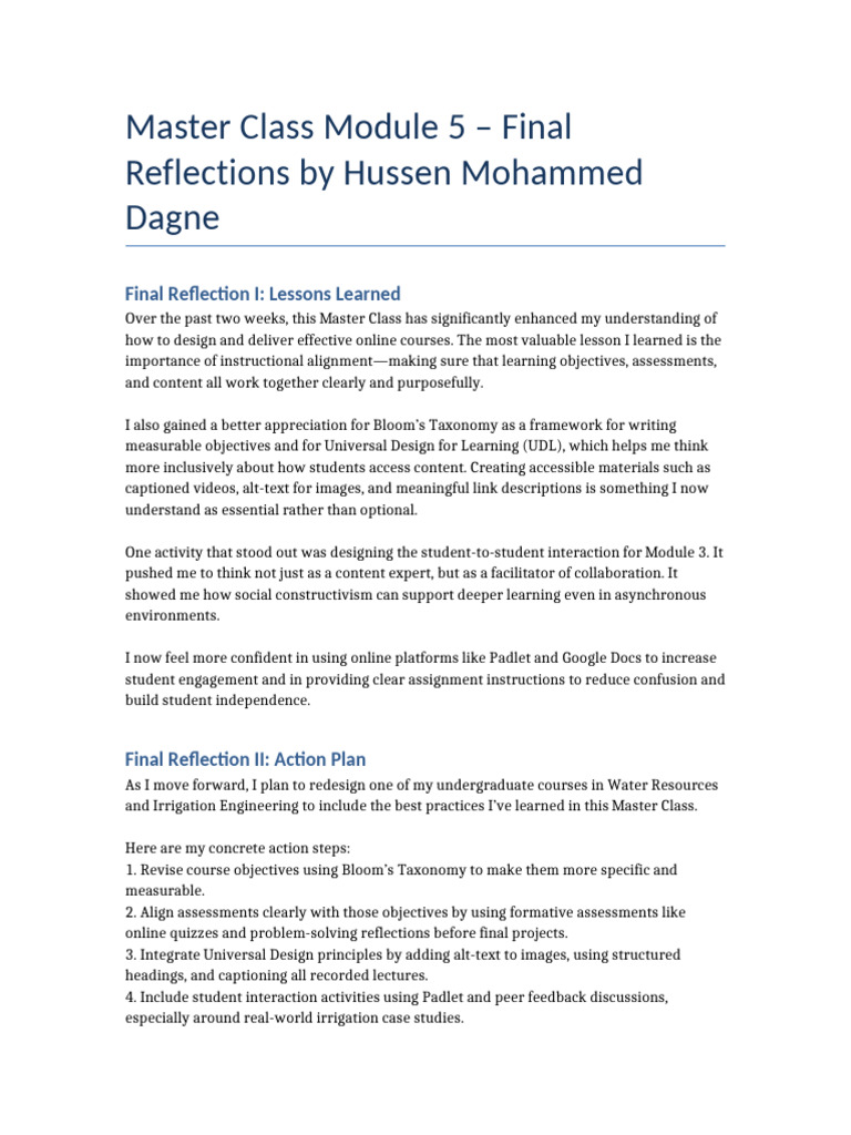 Module 5 Final Reflections Hussen Mohammed Dagne | PDF | Educational Technology | Learning
