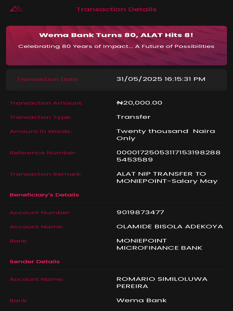 ALAT Transfer Receipt - OLAMIDE BISOLA ADEKOYA - 9019873477 - 20,000.00 ...