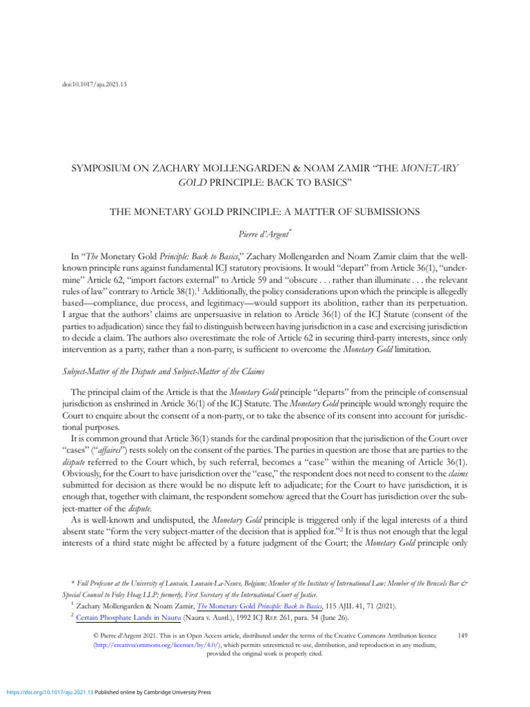 Monetary Gold Principle A Matter of Submissions | PDF | Jurisdiction ...