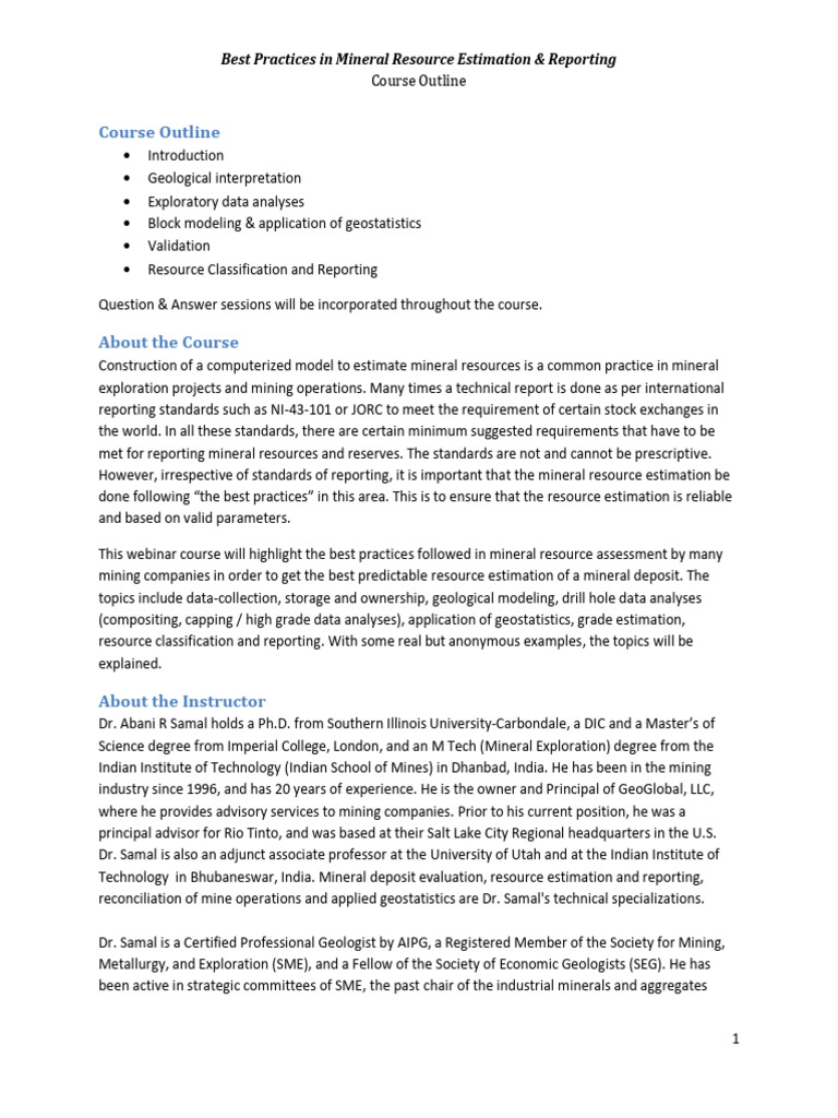 CourseOutline Mineral Resource Estimation | PDF | Minerals | Geology