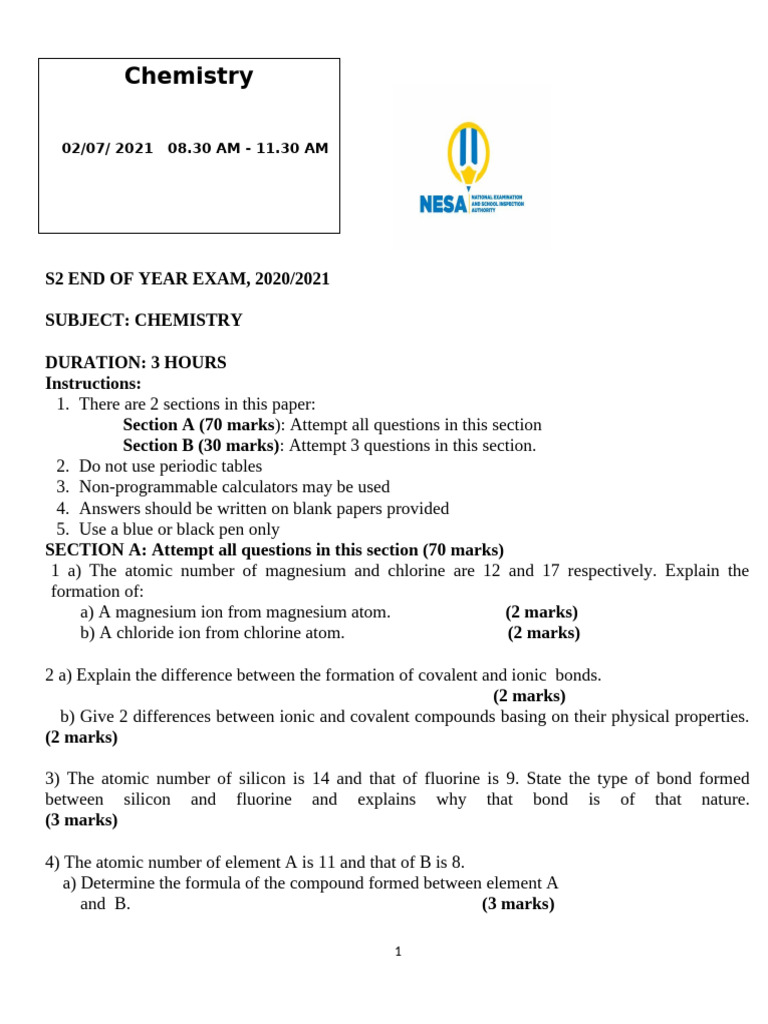Chemistry Theory and Practical Examination s2 | PDF | Chemical Bond ...