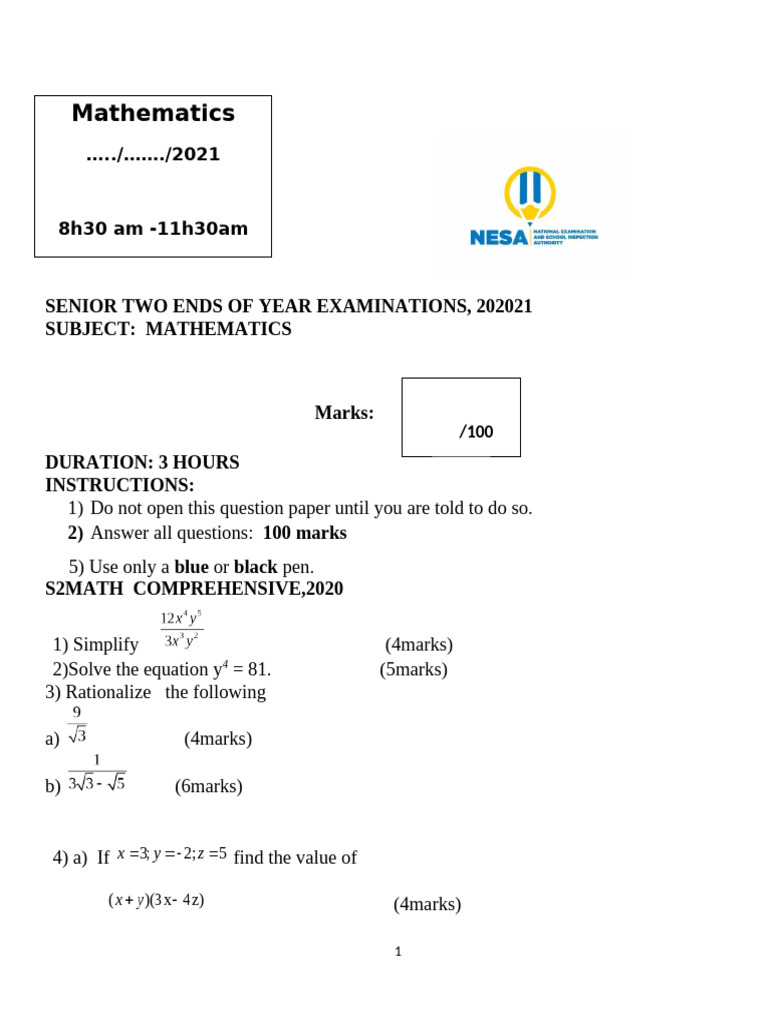 S2 Mathematics Exam Questions 2021 | PDF | Equations | Applied Mathematics