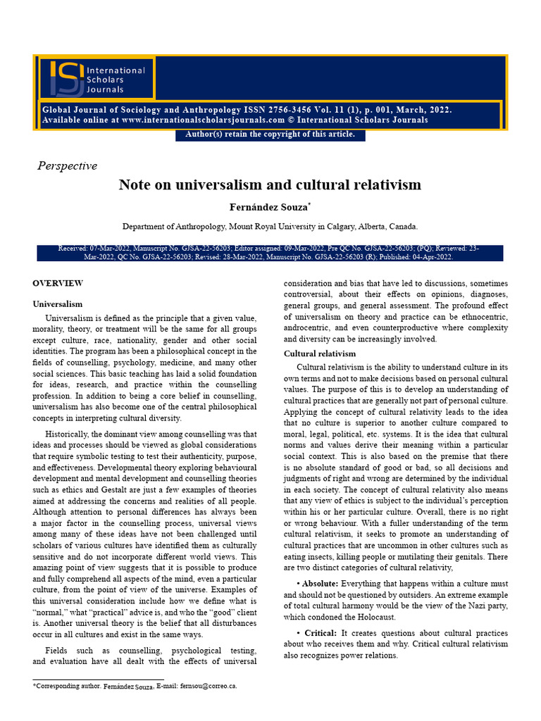 Note On Universalism and Cultural Relativism | PDF | Idea ...