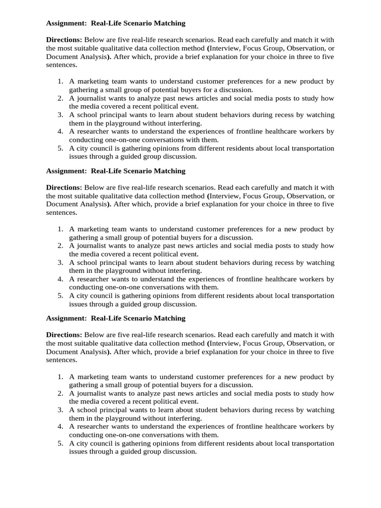 Assignment - Real Life Scenario Matching | PDF | Focus Group | Methodology