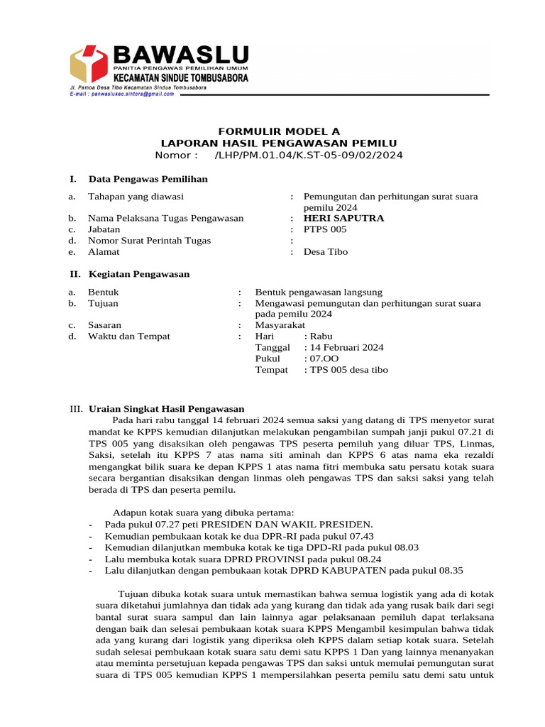 Laporan Pengawasan Pemilu 2024 TPS 005 | PDF