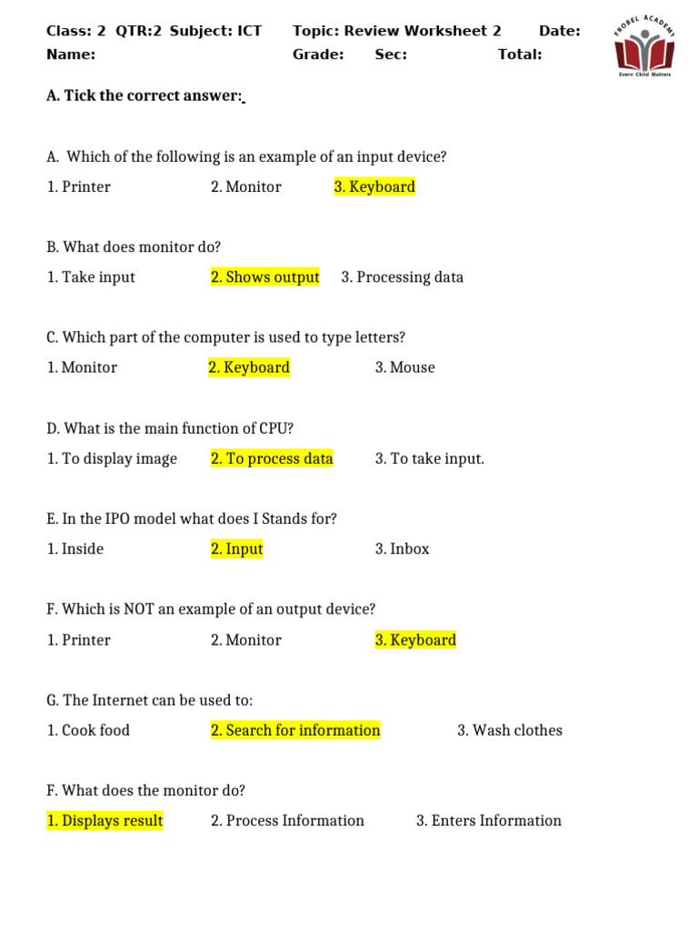 A. Tick The Correct Answer:: Class: 2 QTR:2 Subject: ICT Topic: Review ...