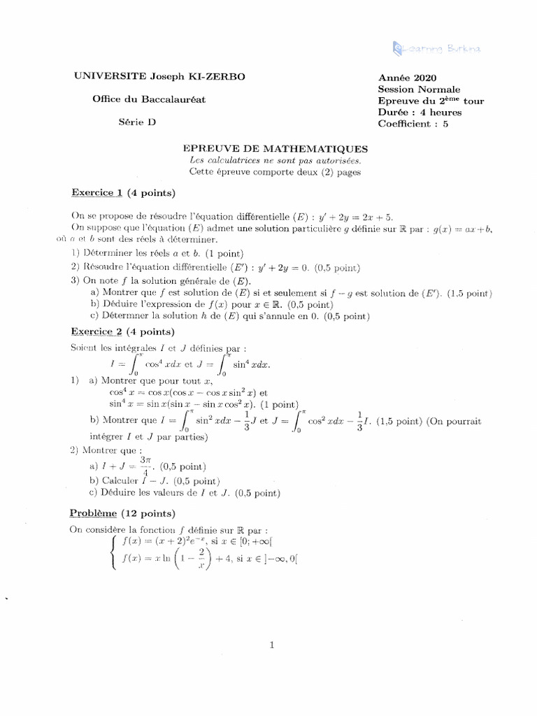 Bac2020 D Maths | PDF