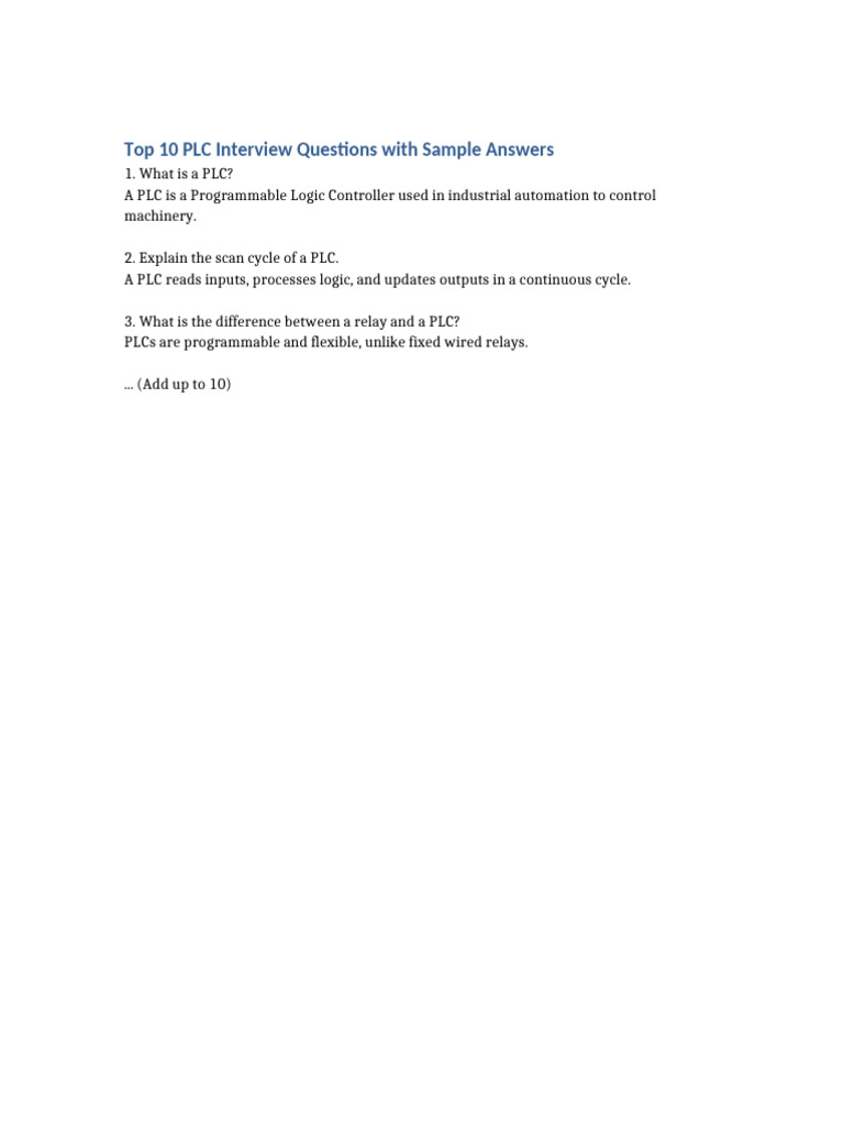 Top 10 PLC Interview Questions With Sample Answers | PDF