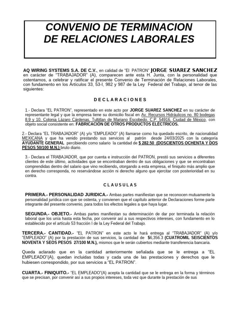 Convenio de Terminacion de Relaciones Labores | PDF | Salario