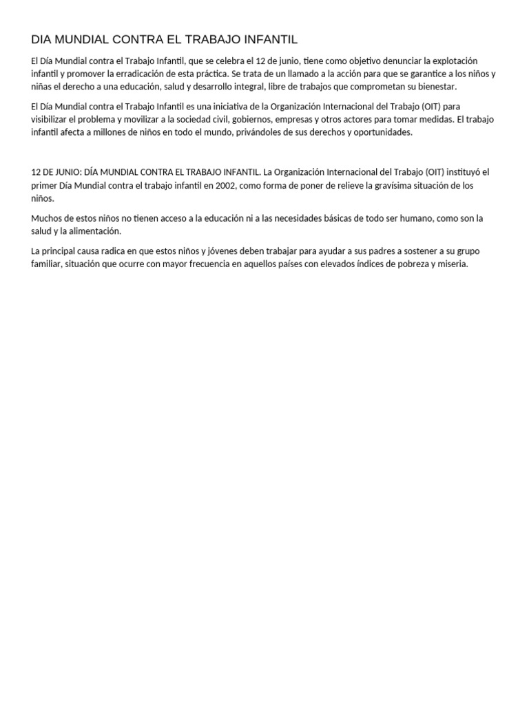 Día Mundial contra el Trabajo Infantil | PDF | Trabajo infantil ...