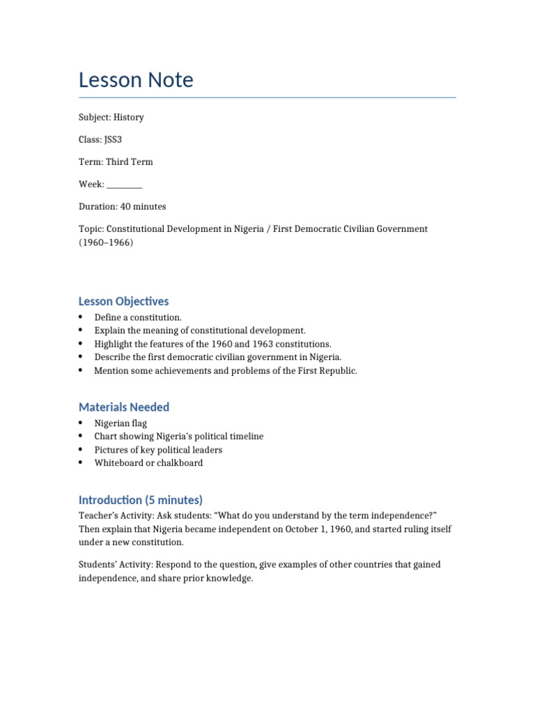 JSS3 History Constitutional Development Lesson Note Updated | PDF ...
