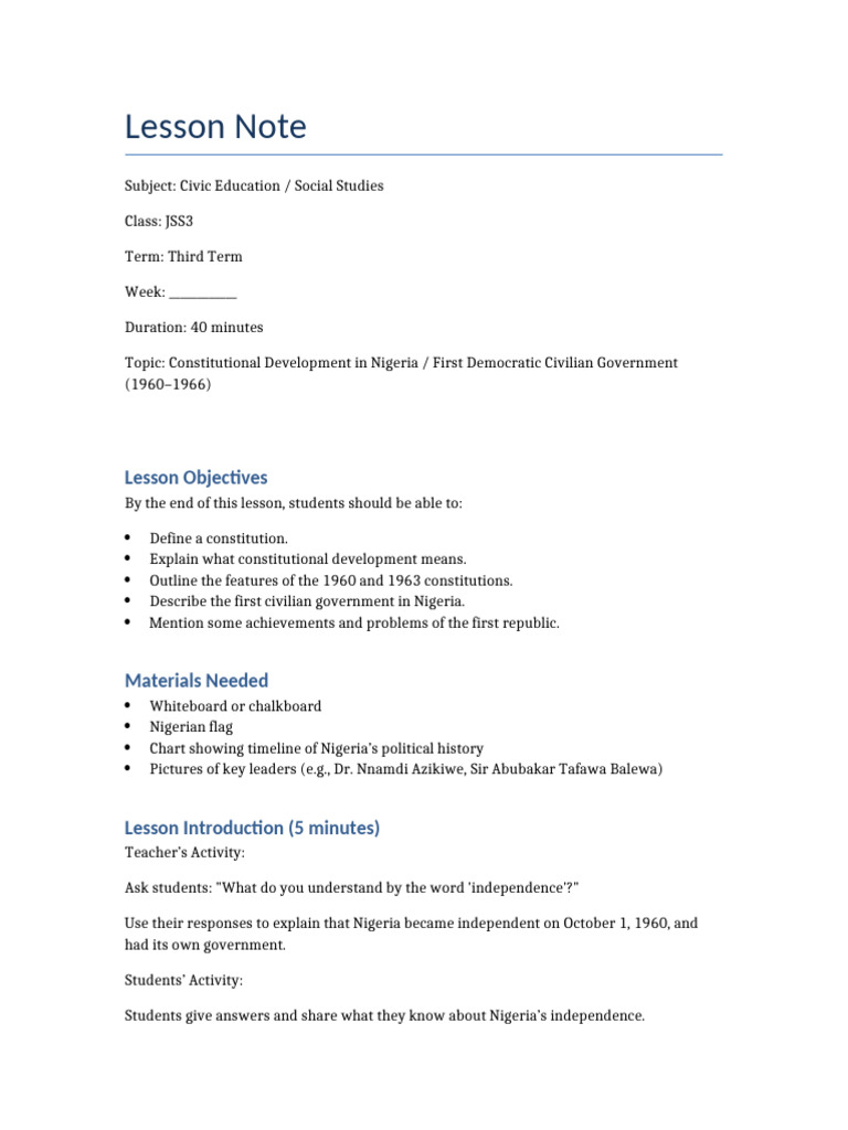 JSS3 Lesson Note Constitutional Development Nigeria | PDF | Government