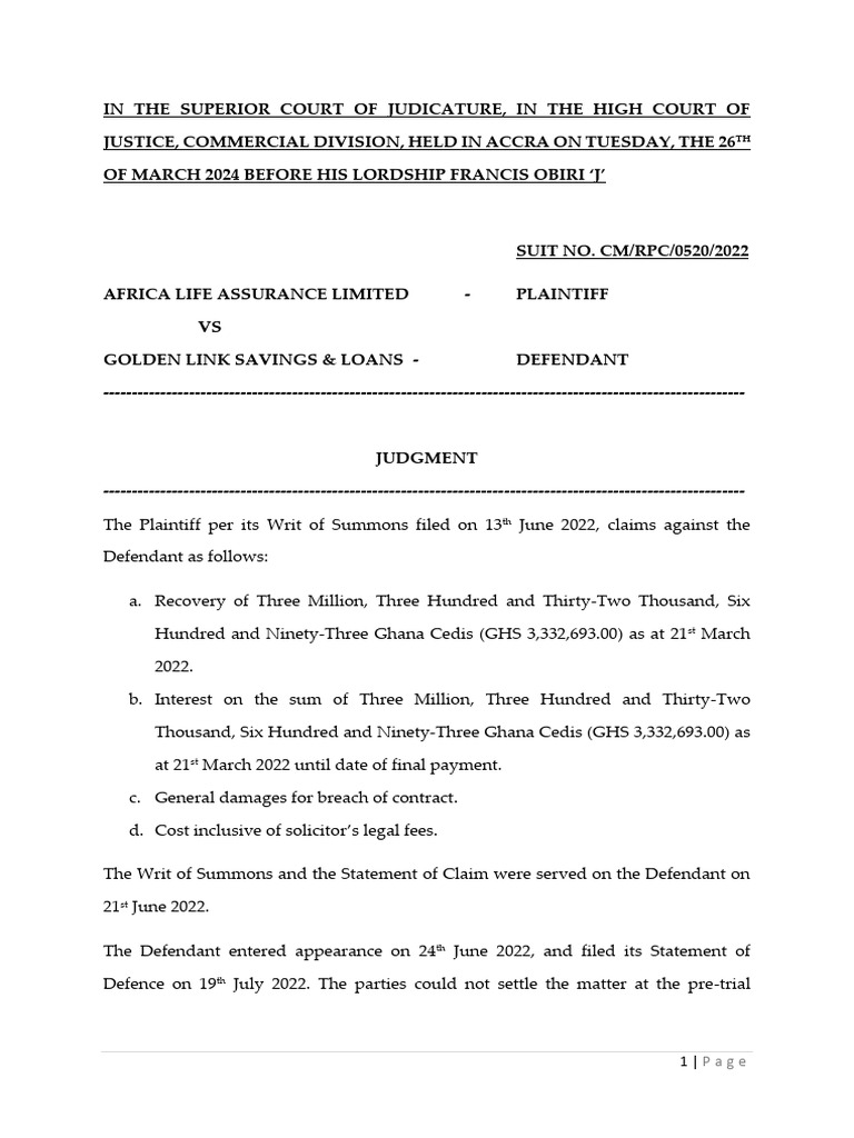 Africa Life Assurance Limited Vrs Golden Link Savings Loans ...