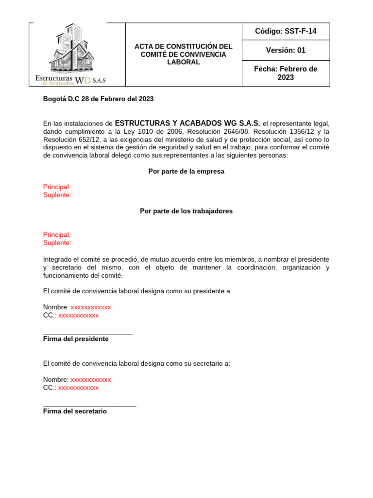 Sst-f-14 Acta de Constitución Del Comite de Convivencia Laboral | PDF