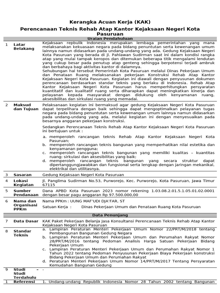 KAK Perencanaan Rehab Atap Kantor Kejaksaan | PDF
