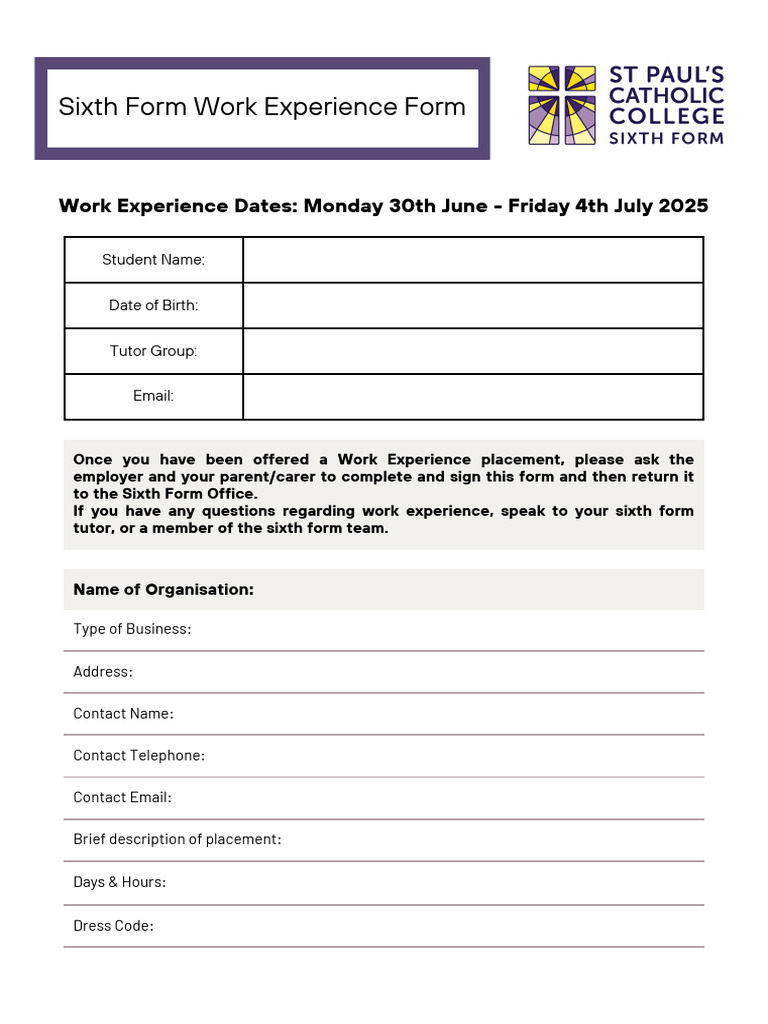 Sixth Form Work Experience Form 2025 | PDF