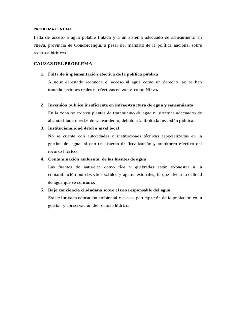 PROBLEMA CENTRAL Sobre Agua Potable y Saneamiento | PDF