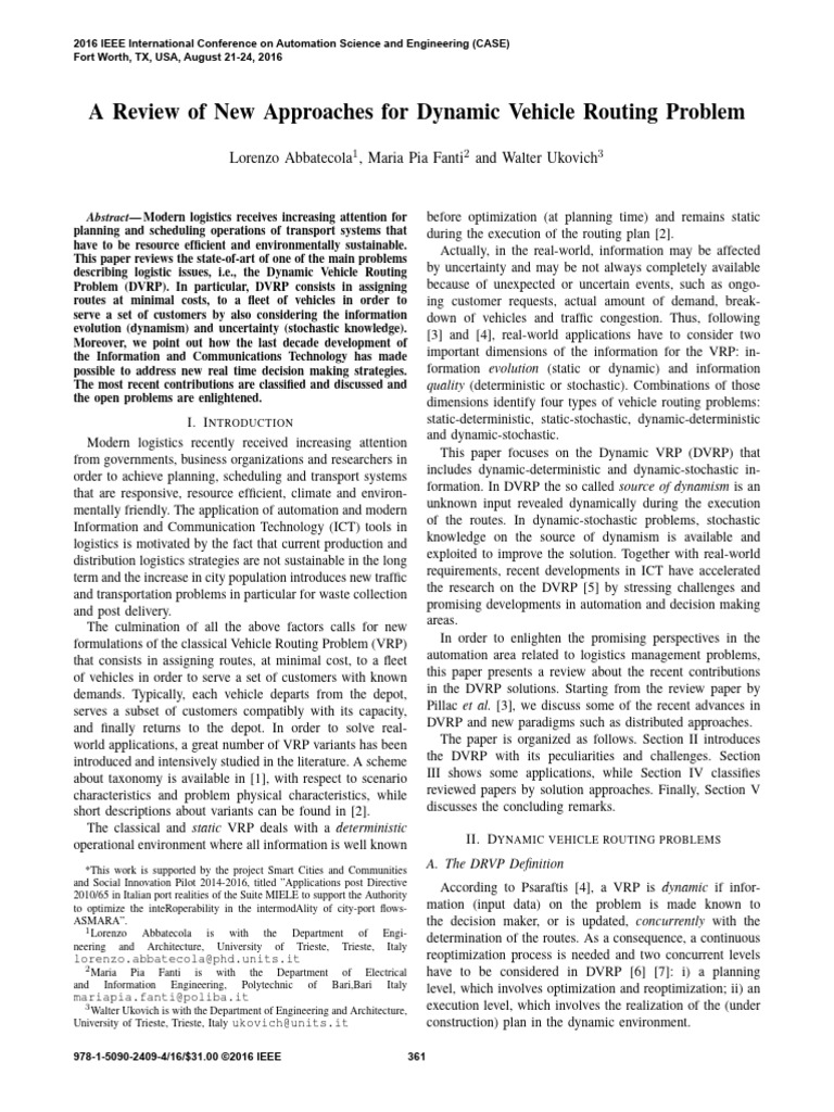 A Review of New Approaches For Dynamic Vehicle Routing Problem | PDF