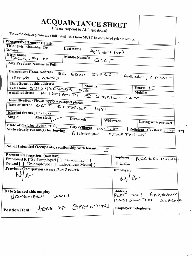 Acquaintance Sheet | PDF