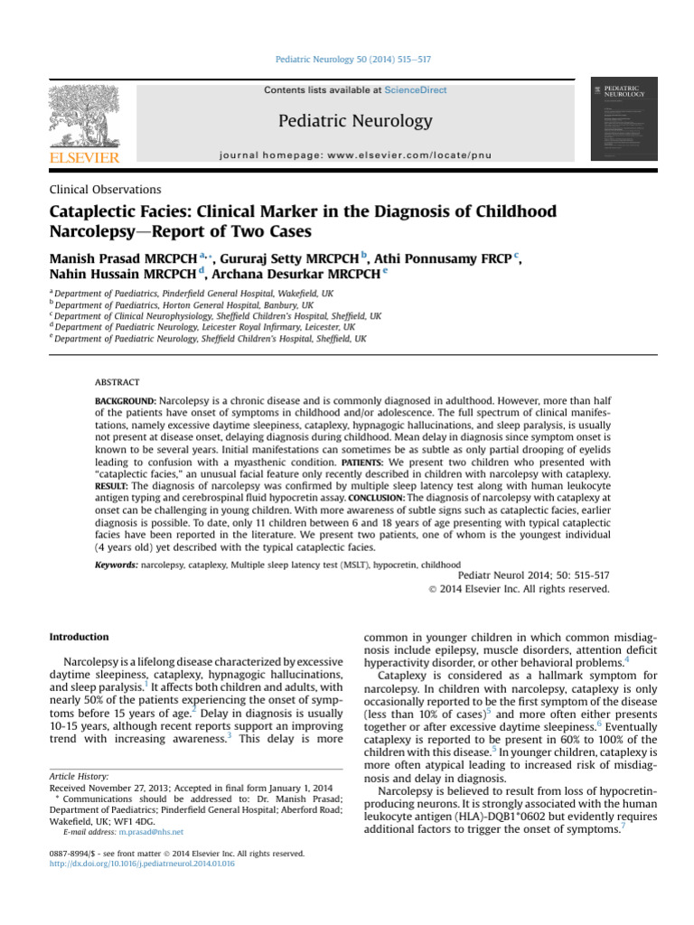 Cataplectic Facies Clinical Marker in The Diagnosis of Childhood | PDF ...