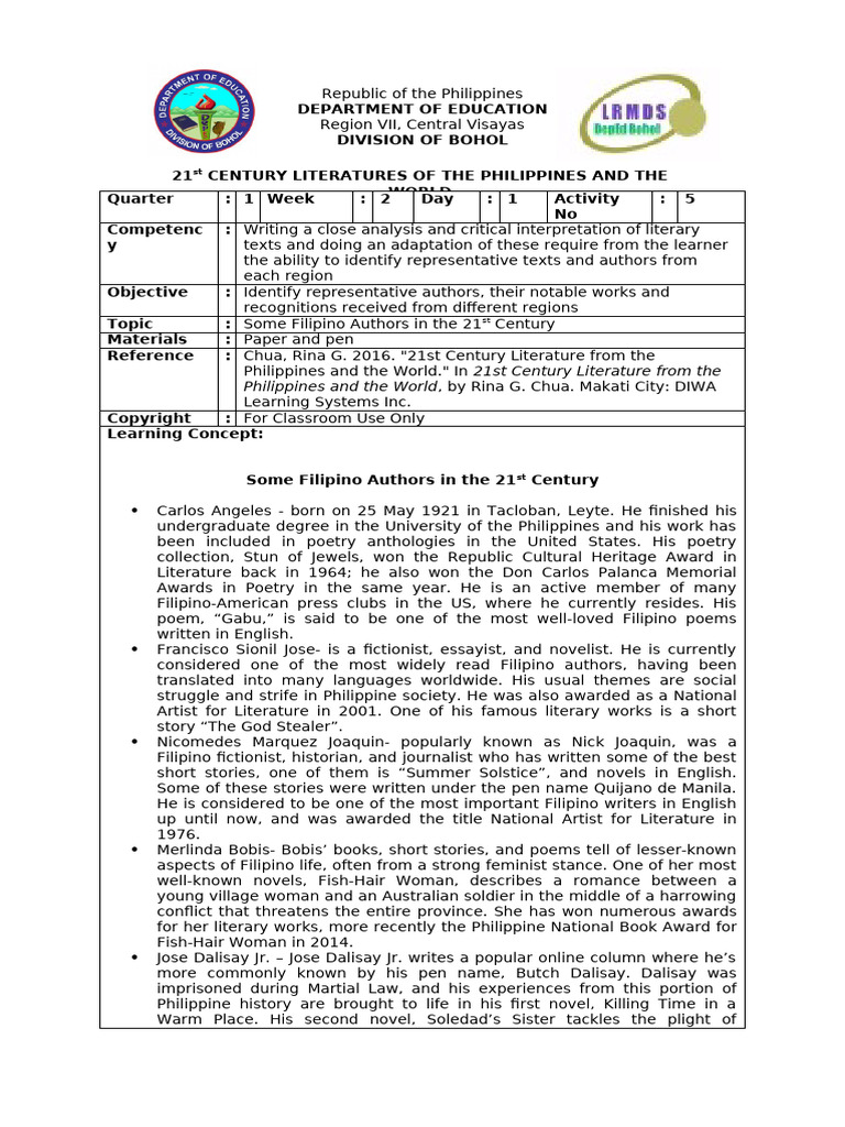 SHS 21stcentury Q1 LAS Wk2Day1 | PDF | Philippines