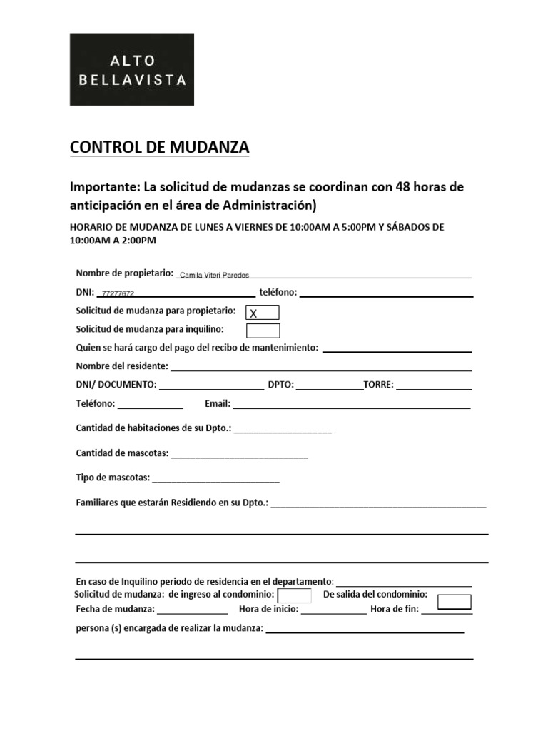 Control de Mudanza Alto Bella Vista | PDF